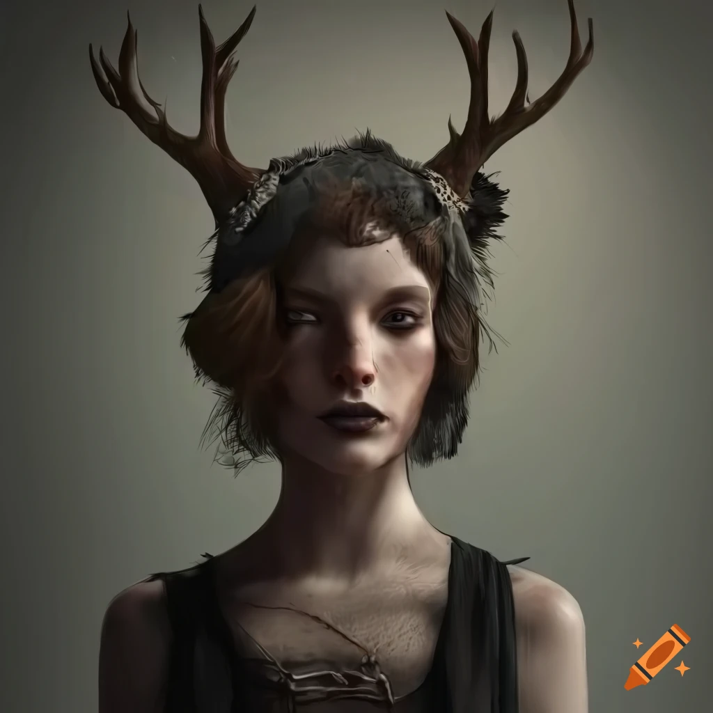 Human with antlers, deer features, gothic attire, holding a branch on ...