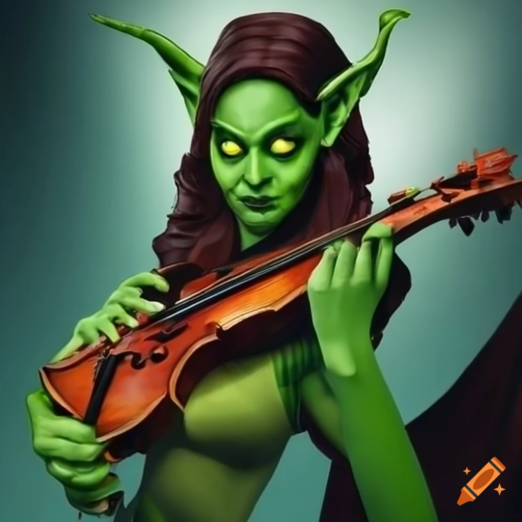 Female green goblin playing a violin on Craiyon