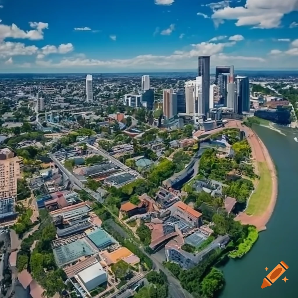 Aerial view of UQ St Lucia campus with sandstone buildings and Brisbane ...