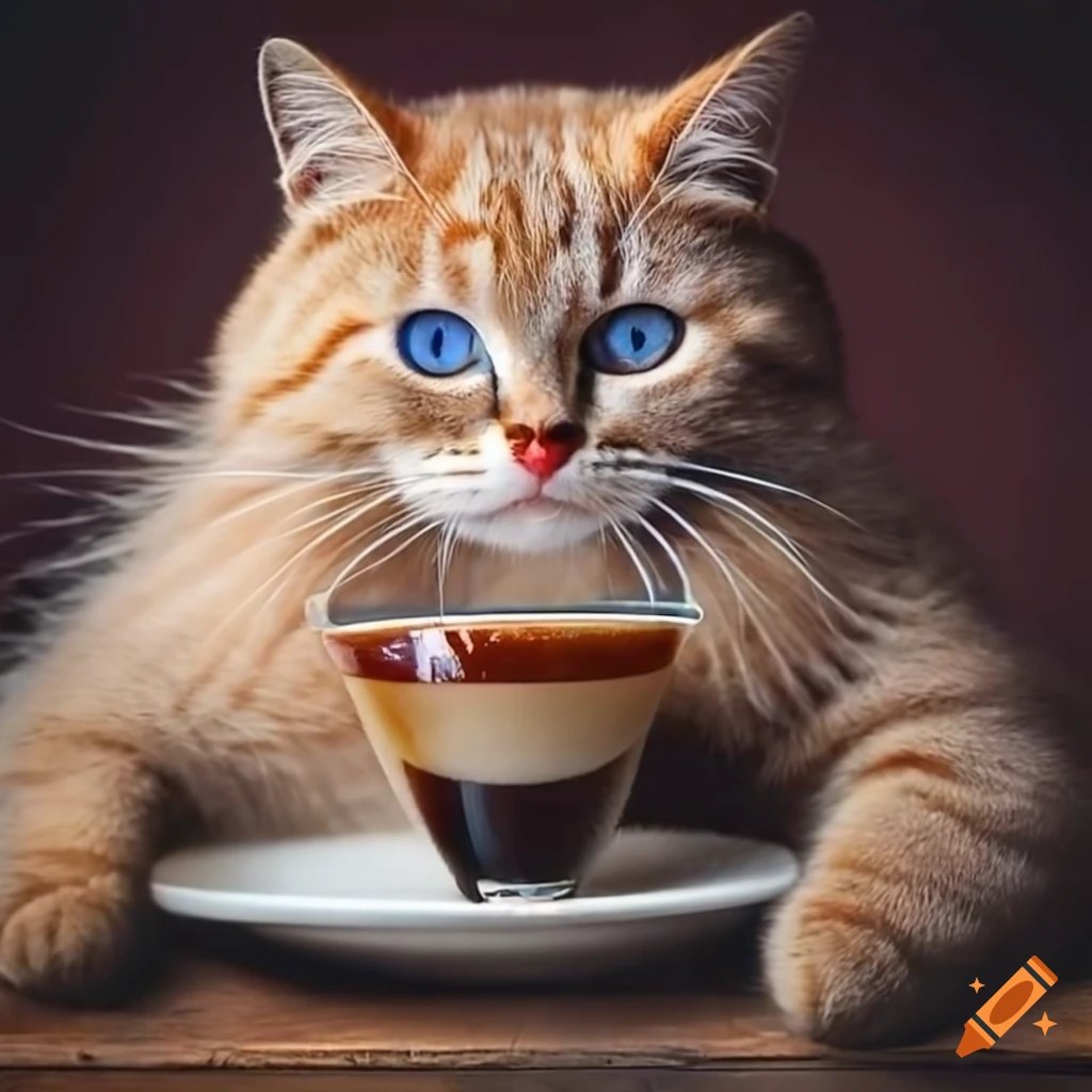 White and beige cat with blue eyes enjoying an espresso martini on Craiyon