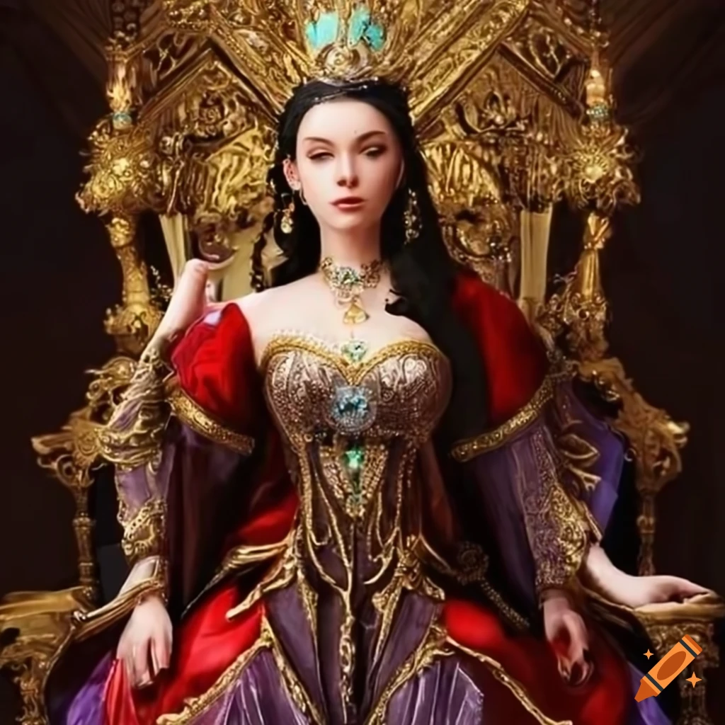 Elegant and powerful fantasy empress on an opulent throne with a jewel ...