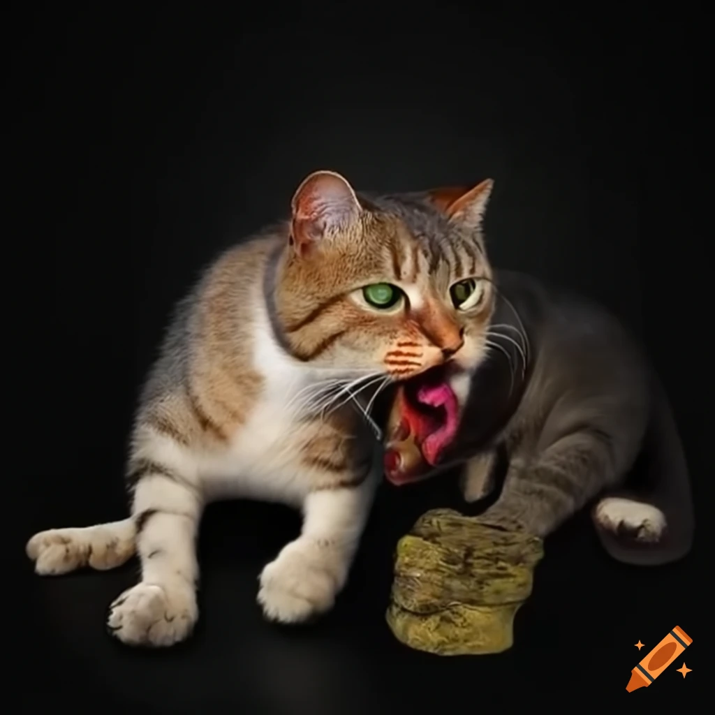 Cat eating a dinosaur on Craiyon