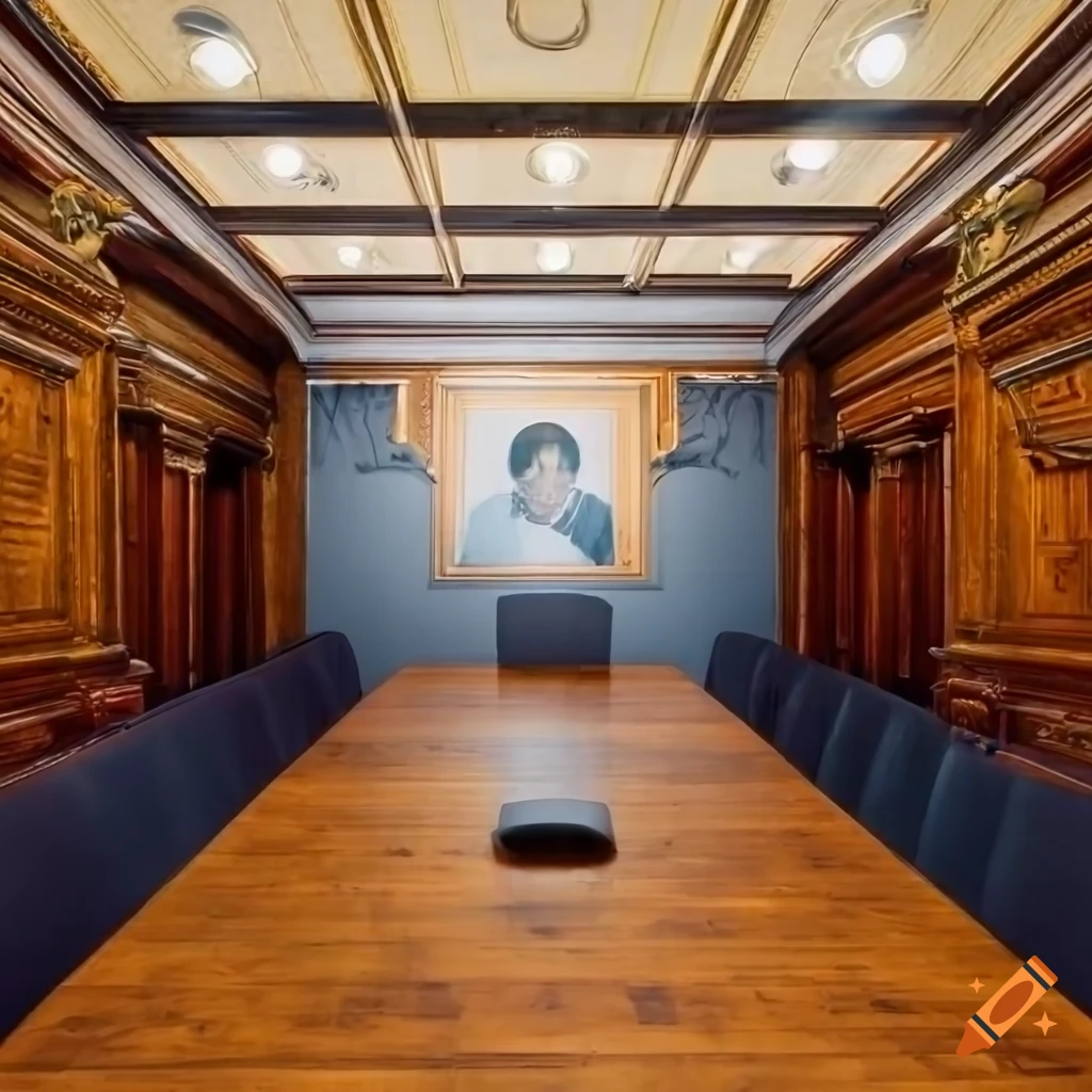 Large dictator conference room with meeting table and self-portrait on ...