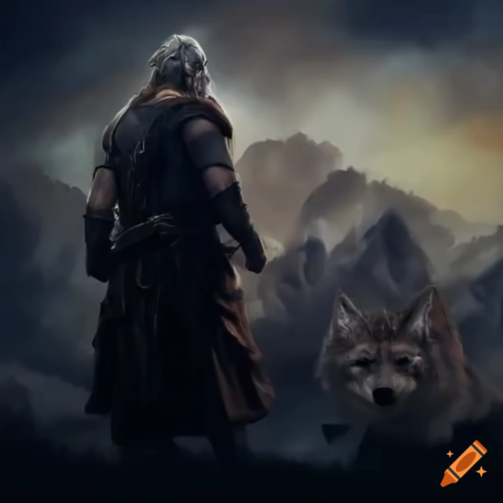 Viking warrior confronting a fierce wolf in an epic battle scene on Craiyon