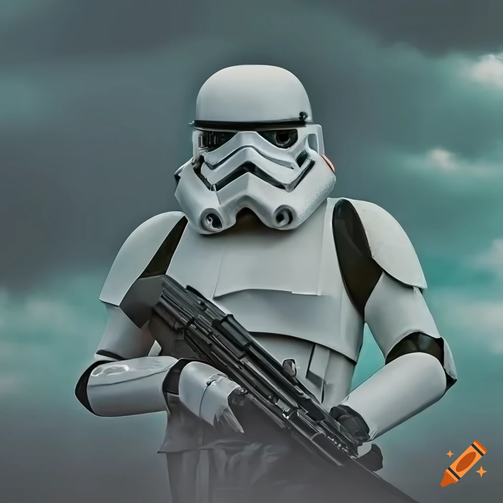 Stormtrooper with black cloak in a dramatic, realistic setting on Craiyon