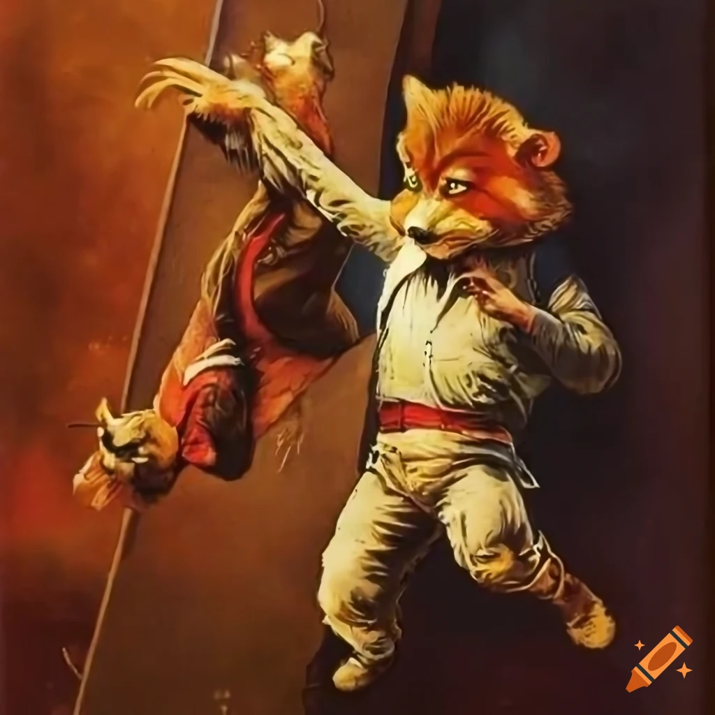 Aerial dog fighting scene with intricate details in a vintage poster ...