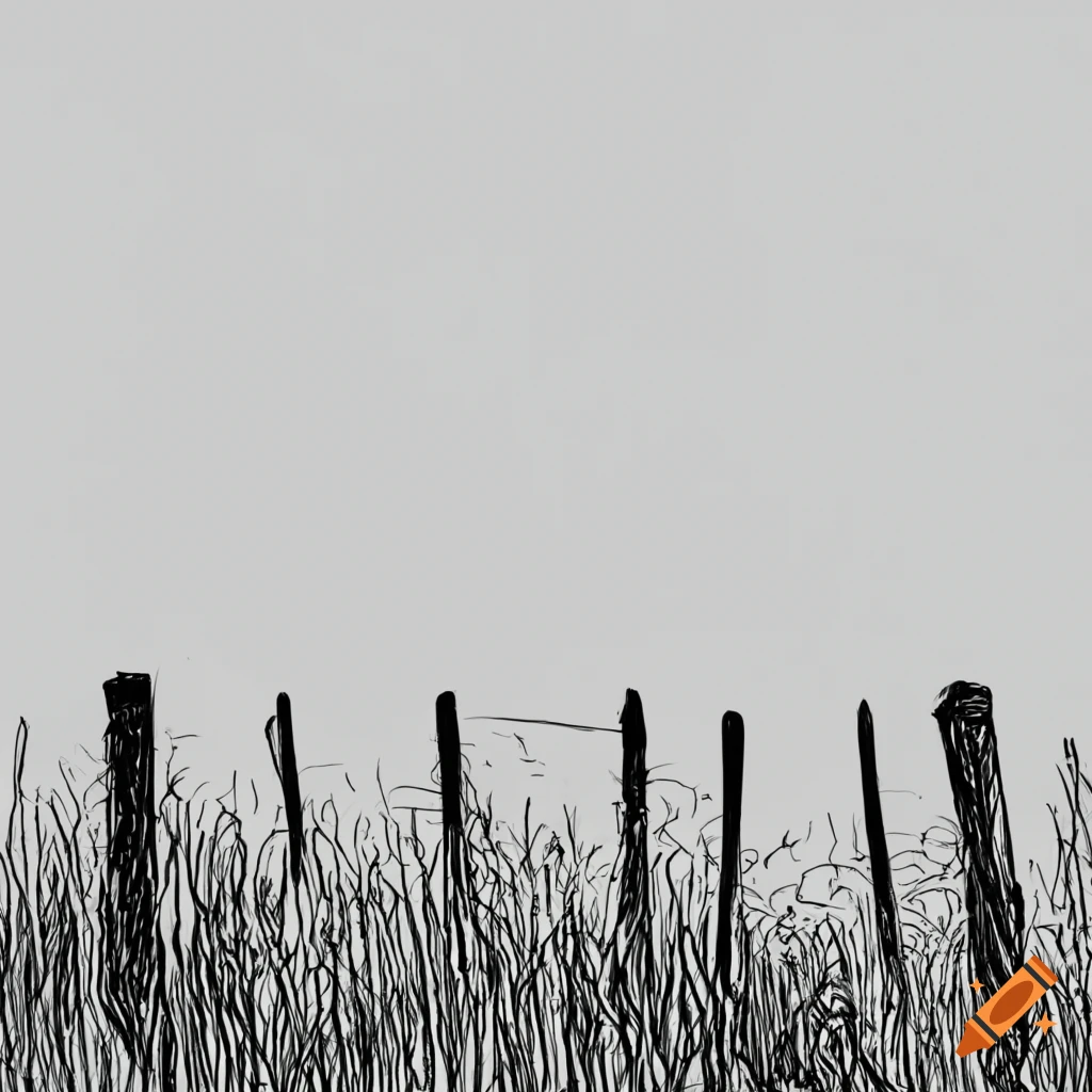 Line drawing of fence-lined desolate field in black and white on Craiyon