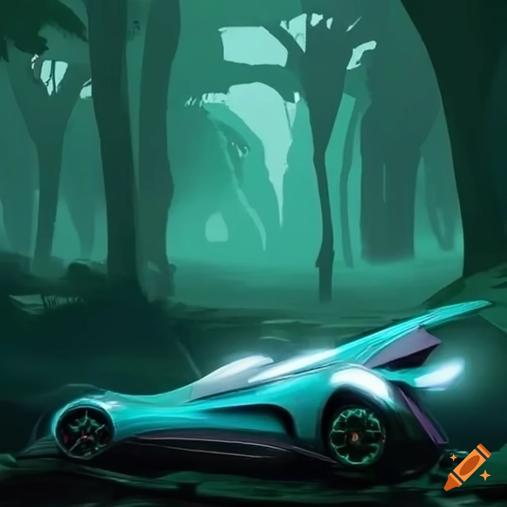 Futuristic racing cars driving through an alien jungle on Craiyon