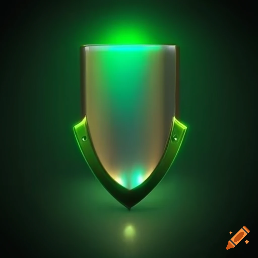 Green digital light reflecting on a shiny metal shield on Craiyon