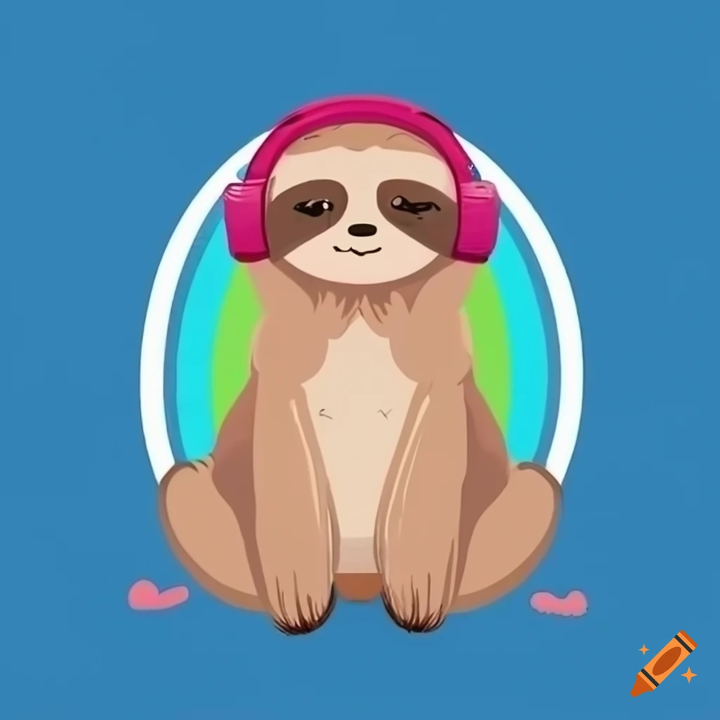 Cute sloth relaxing with headphones against a rainbow backdrop on Craiyon