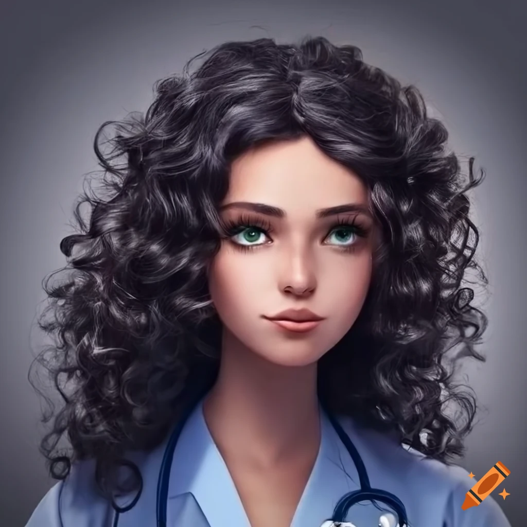 Medical nurse with long curly dark hair on Craiyon