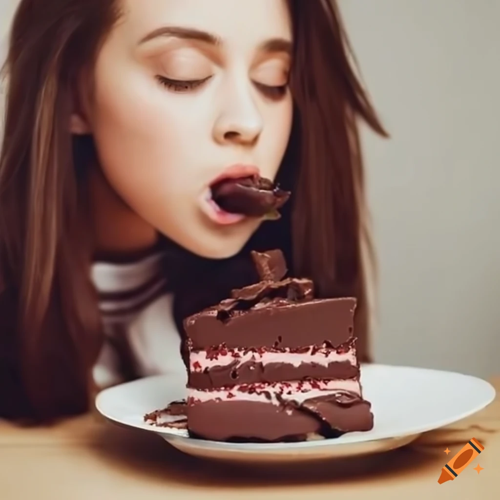 Beautiful girl enjoying chocolate cake on Craiyon