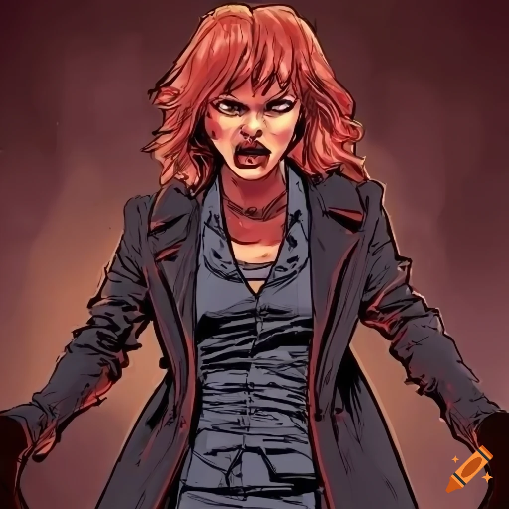 Female comic character in rage pose wearing detective coat on Craiyon