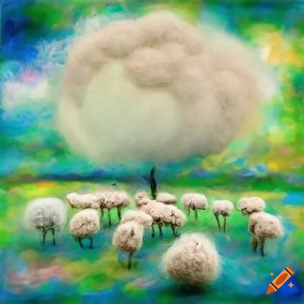 Intricately detailed wool sculpture of a meadow with sheep and white ...