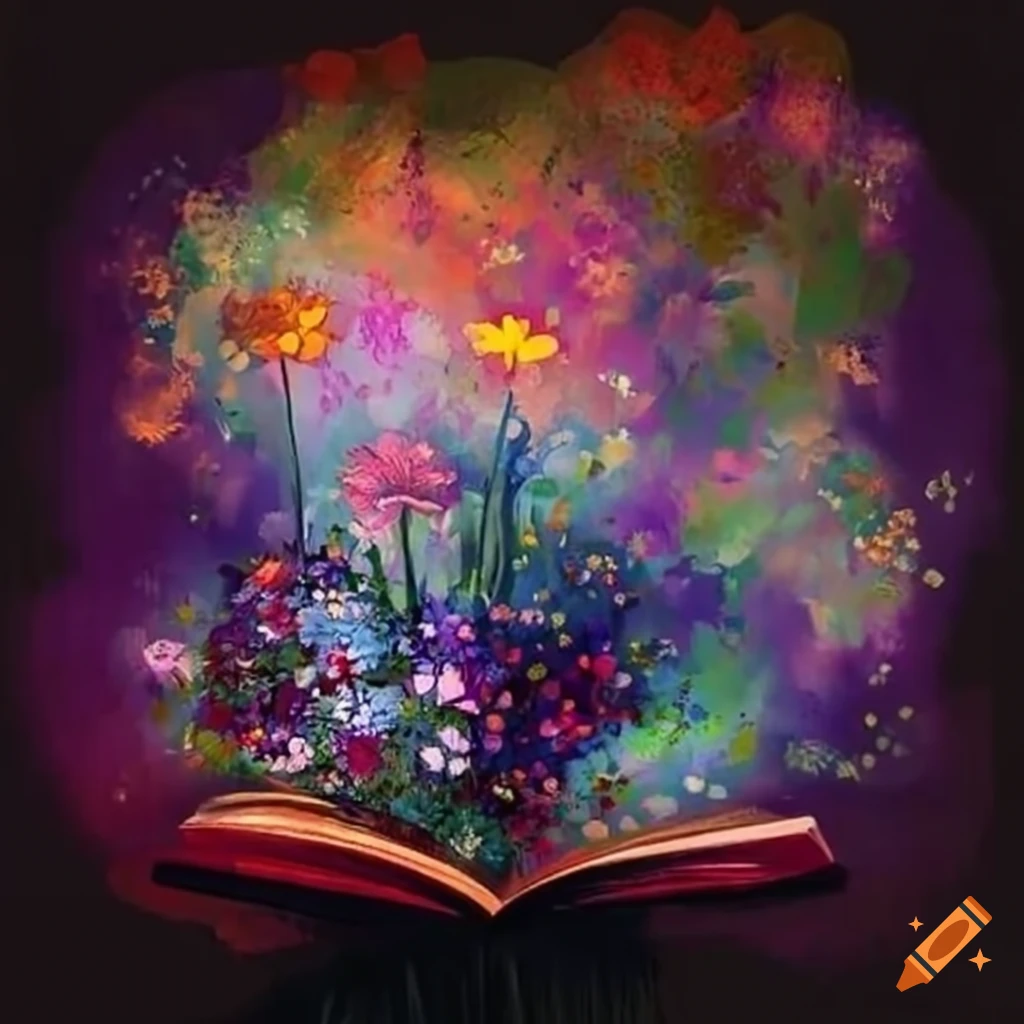Enchanting garden with blooming flowers coming out of an open book on ...