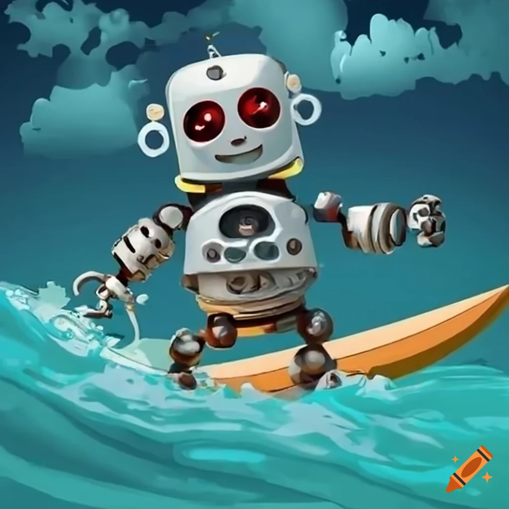 Robot pirate surfing while chasing money on Craiyon