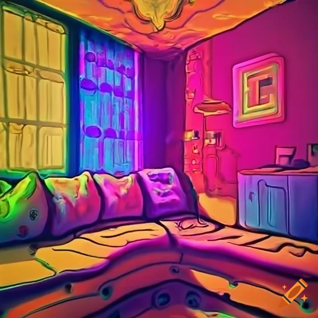 Room with a trippy filter effect on Craiyon