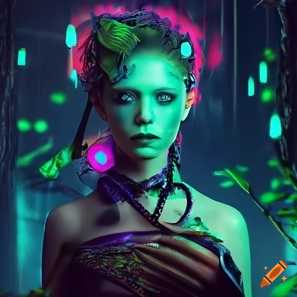 Glowing biopunk cityscape with cyborg mermaid goddesses and biological ...