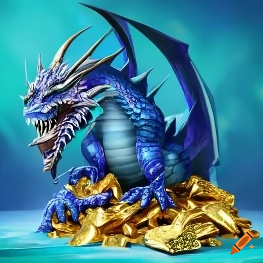 Blue dragon guarding a pile of gold treasure on Craiyon