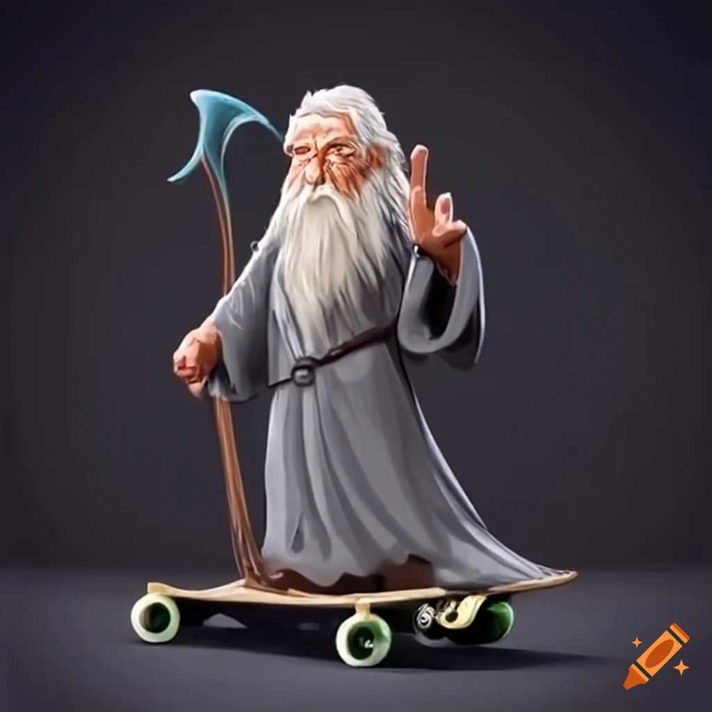 Gandalf riding a fast skateboard on Craiyon