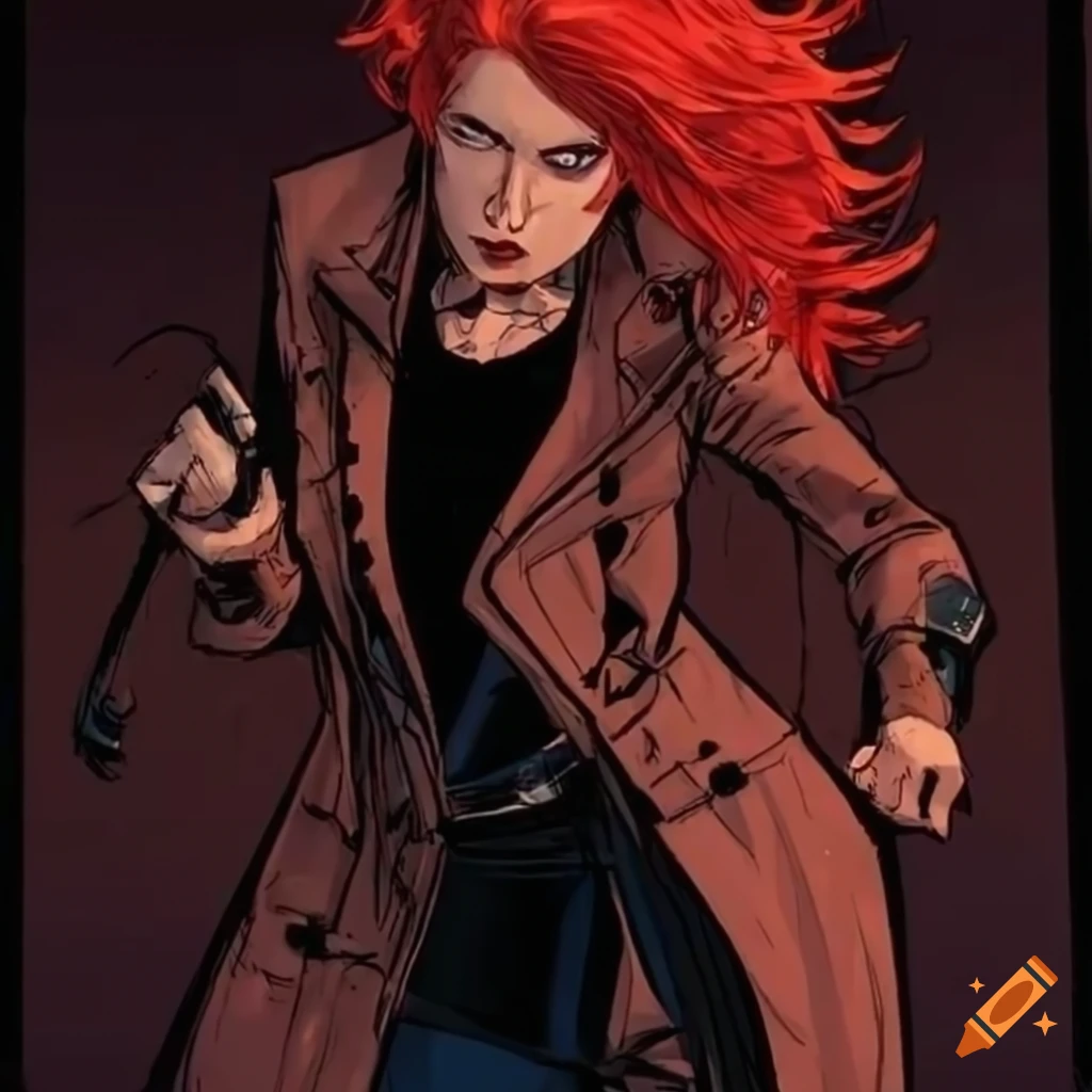 Female comic book punk style with rage pose and detective coat on Craiyon