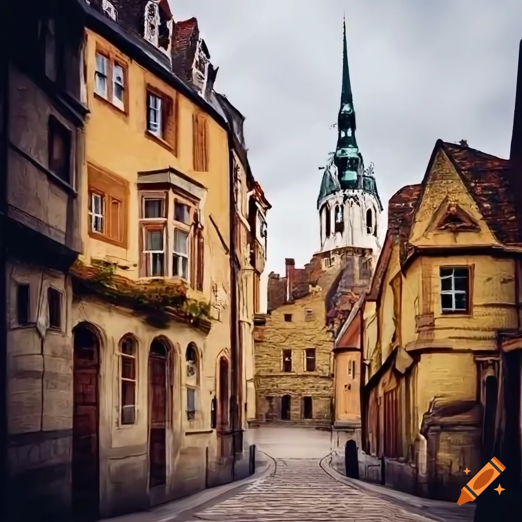 Realistic panoramic view of a medieval city with gothic-style ...