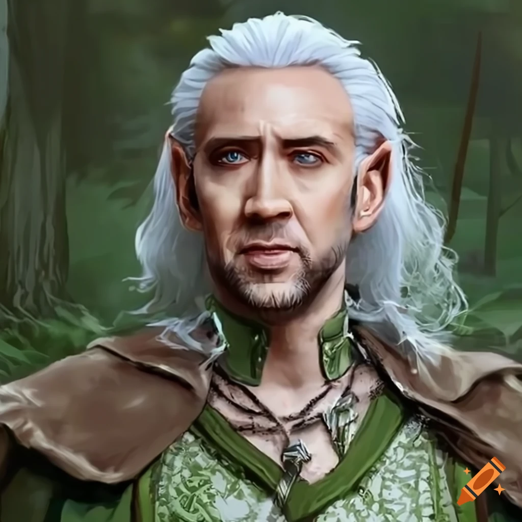 White-haired nicolas cage as a wood elf ranger on Craiyon