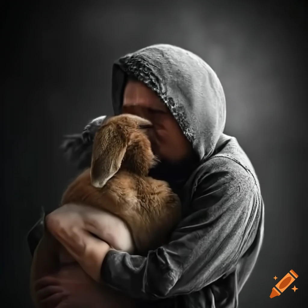 Man hugging a rabbit and crying in the rain on Craiyon