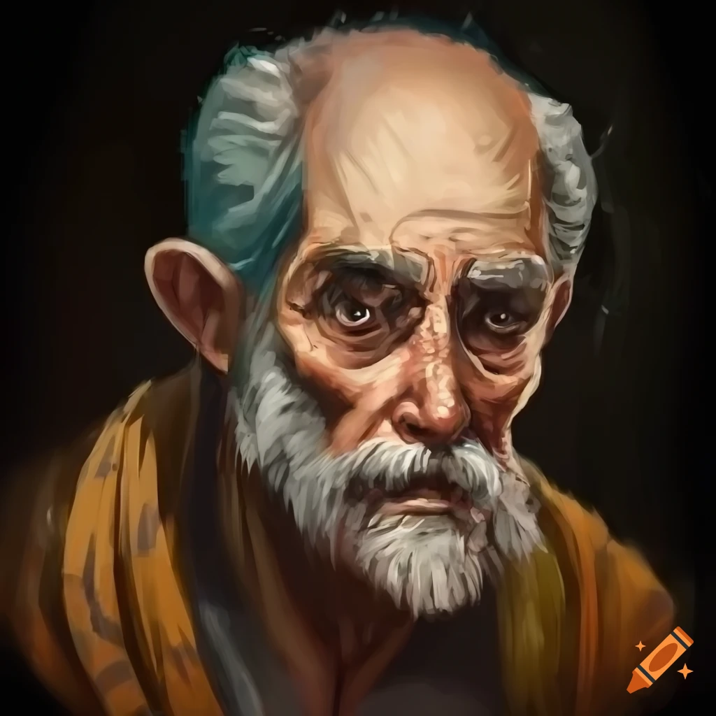 Portrait of an elderly barkeep with a glass eye in DnD style on Craiyon