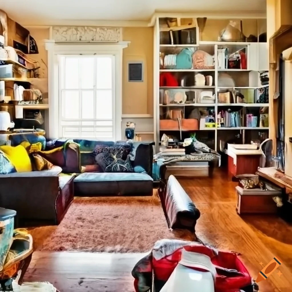 Cluttered living room with various items stored throughout on Craiyon