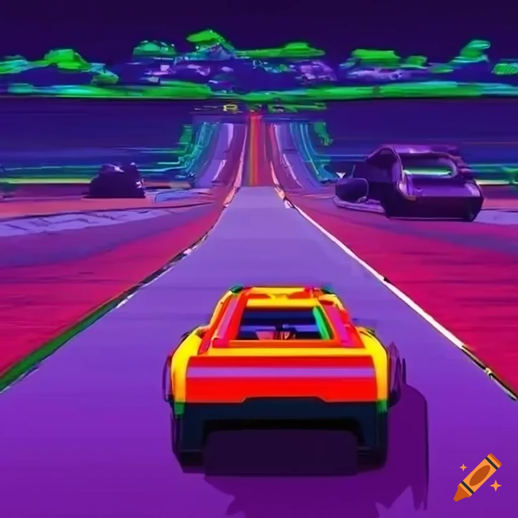 Retro vibes of a classic arcade racing game rainbow road on Craiyon