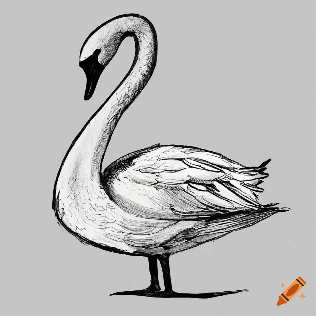 Ink line drawing of a standing swan on Craiyon