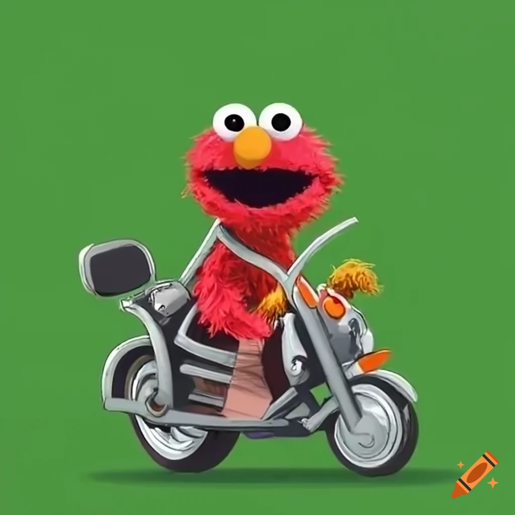 Elmo on a motorcycle with green background on Craiyon