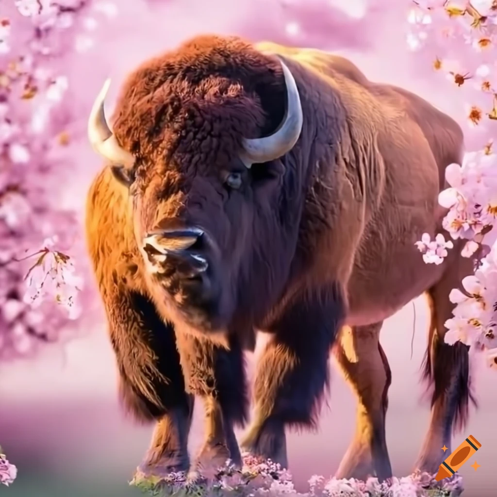 Powerful bison in front of ancient cherry blossoms on Craiyon