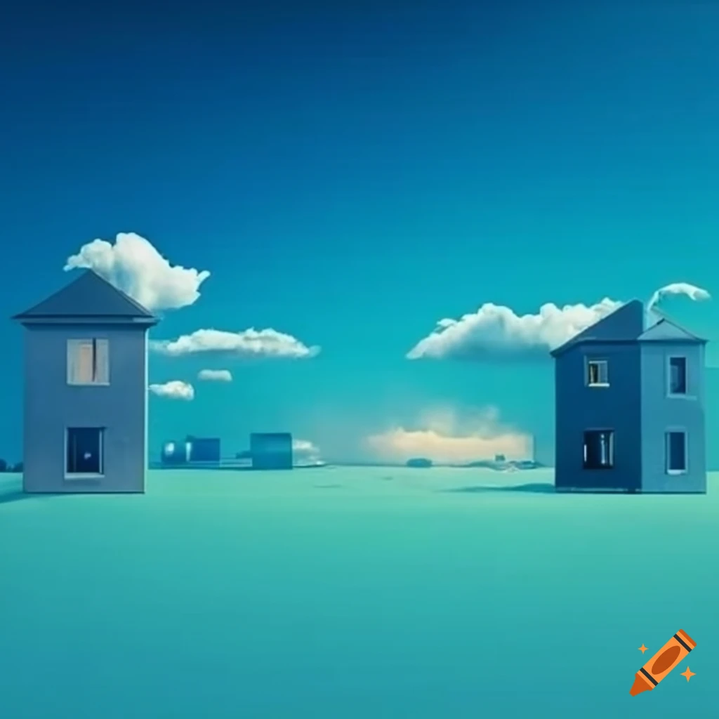 Endless sky with floating houses on clouds in a liminal space on Craiyon