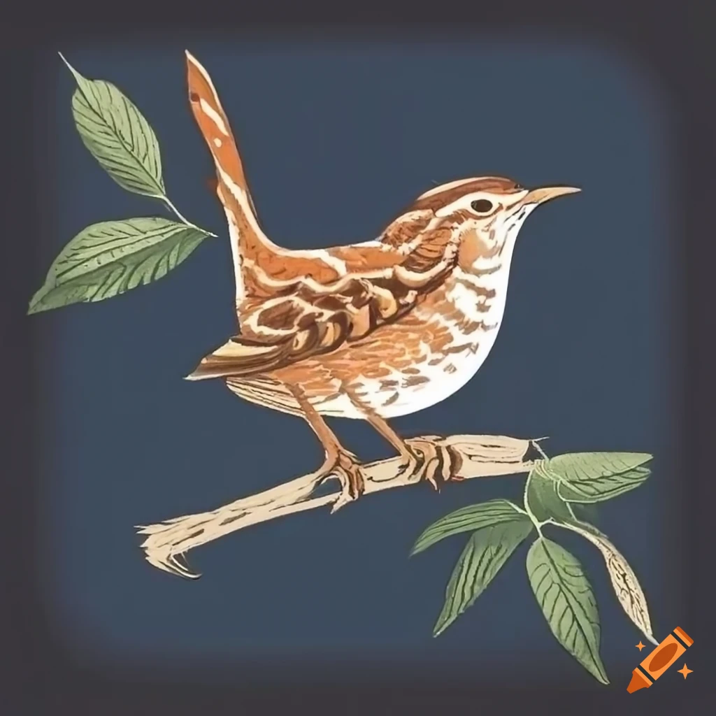 Intricately detailed wren bird on a branch creating textile designs on ...