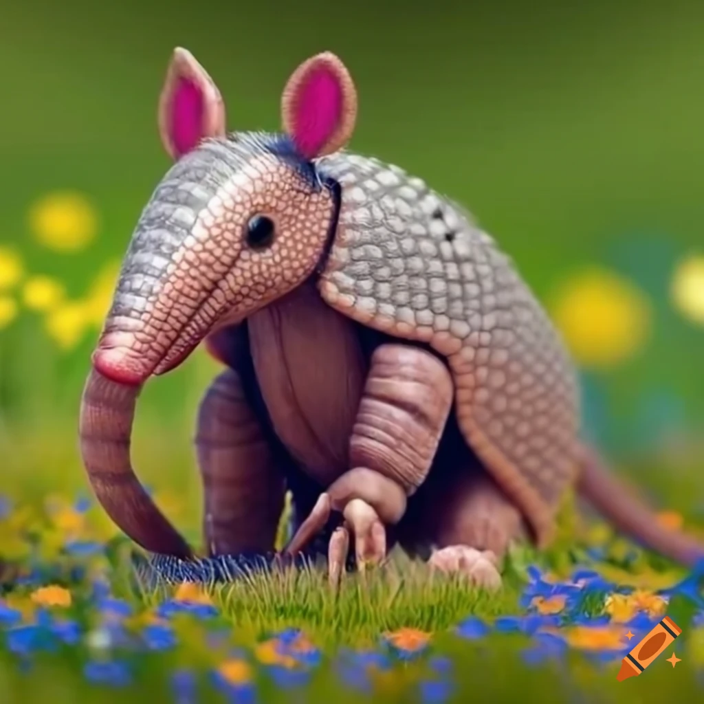 Realistic cute armadillo surrounded by flowers in a meadow on Craiyon
