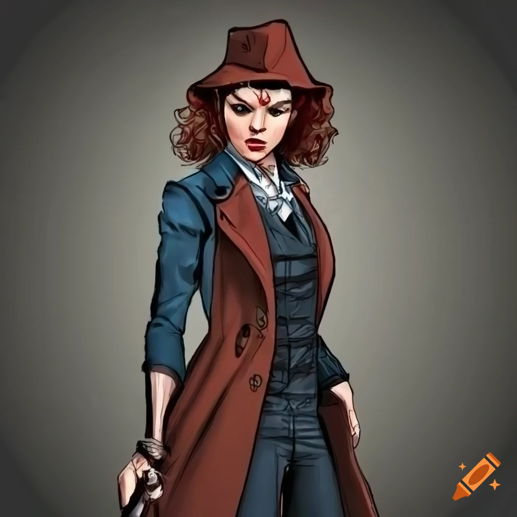 Comic book style female detective in action pose with a detective coat ...