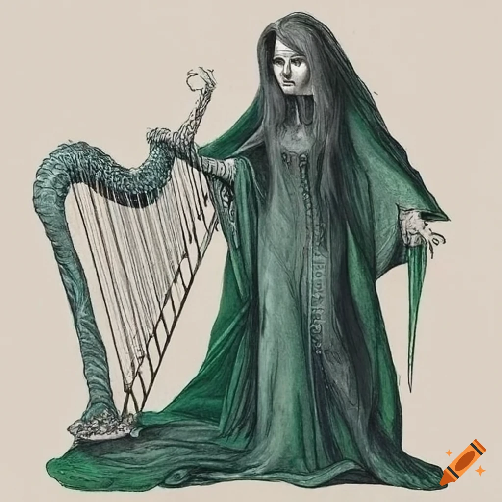 Banshee mythical creature with flowing gray hair and death harp on Craiyon