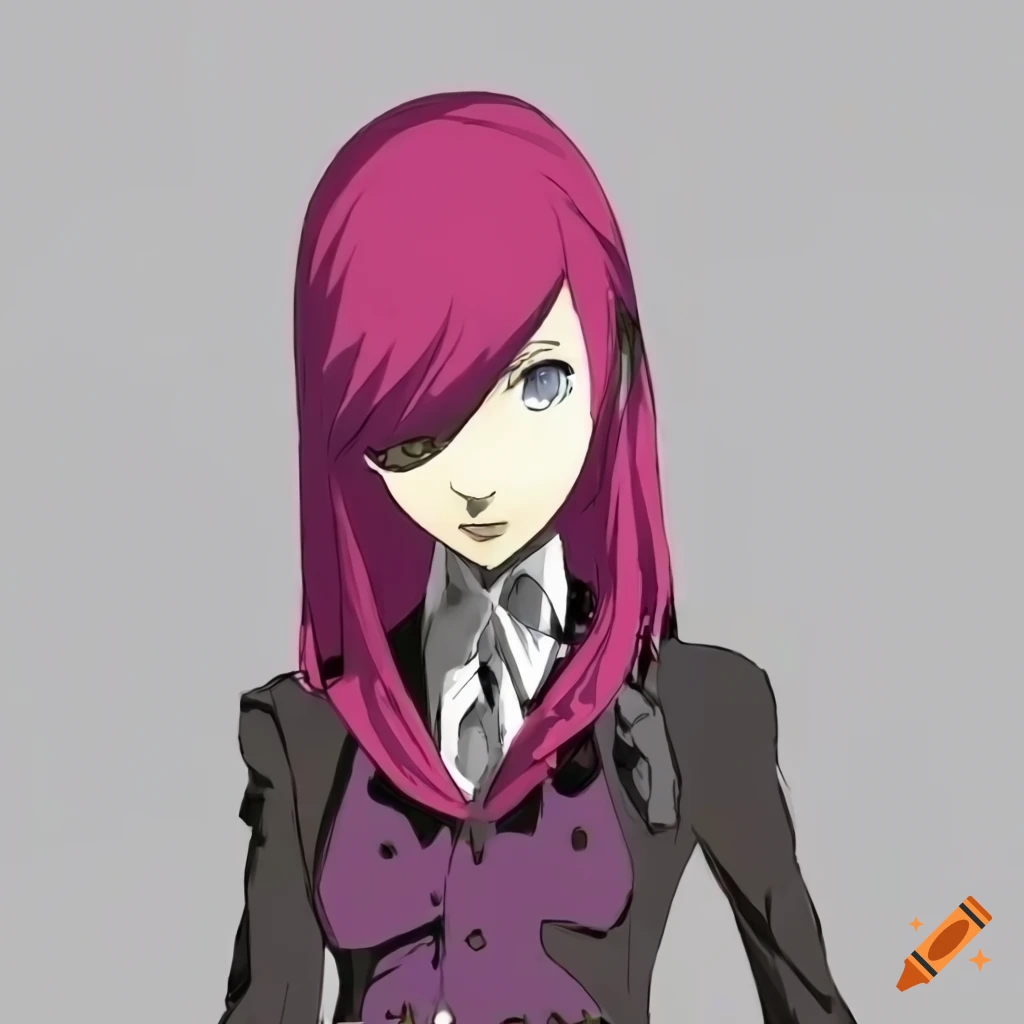 Girl with long dark fuchsia hair and pale blue eyes in persona 3 art ...