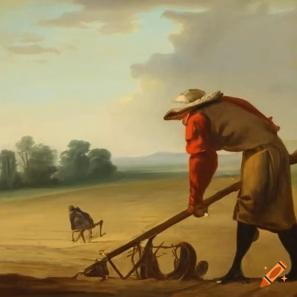 Realist painting of a farmer plowing a field in the 18th century on Craiyon
