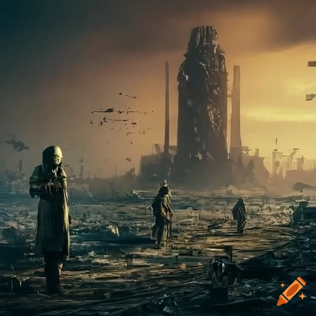 Post-apocalyptic scene with humans exploring a nature-reclaimed world ...
