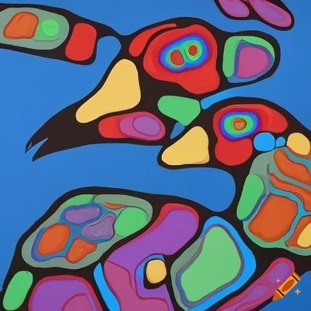 Norval morrisseau style painting of a crane in 4 colors on Craiyon