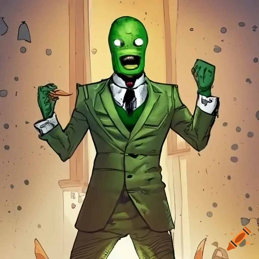 Pickle in a suit in comic book style on Craiyon