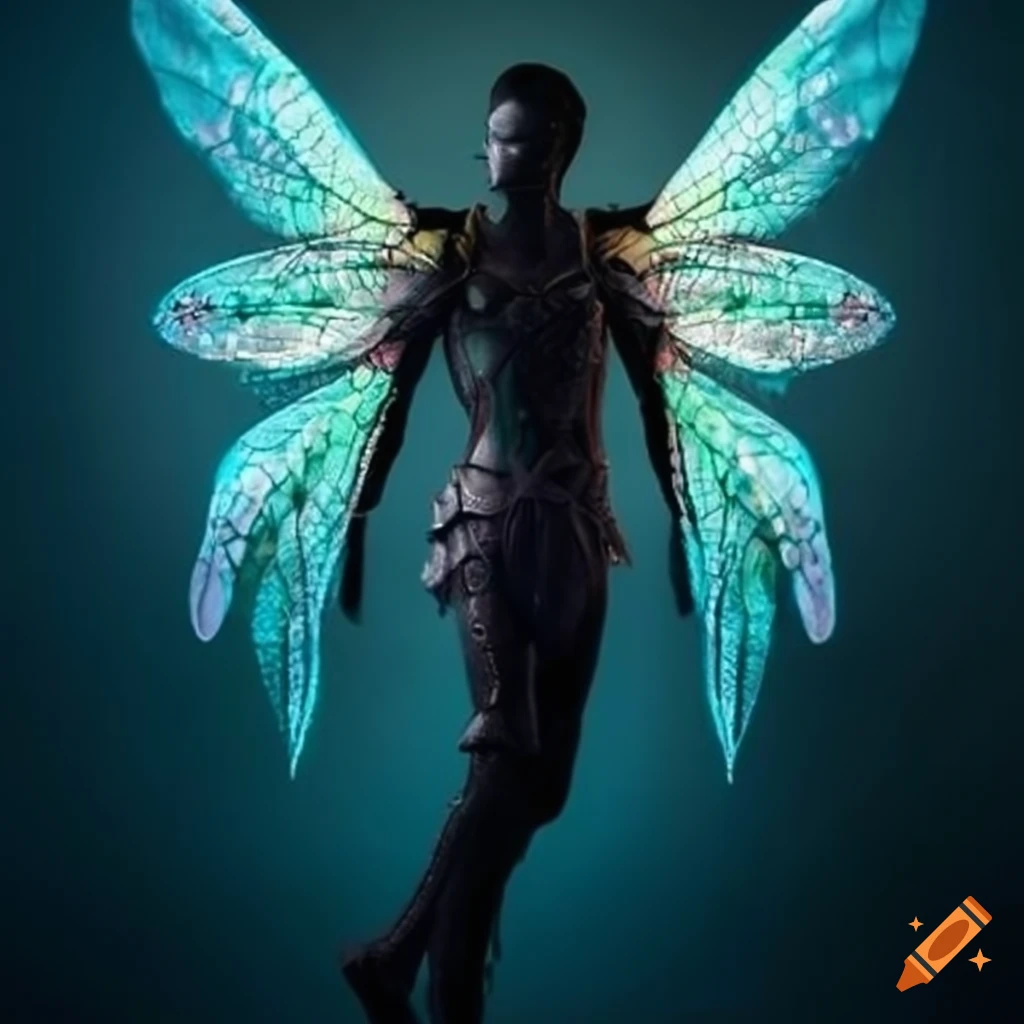 Ethereal male fairy in dark leather armor with dragonfly wings on Craiyon