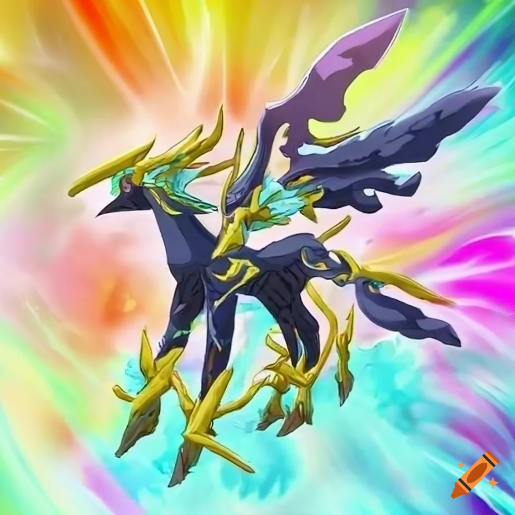 Mega Arceus fusion with rainbow and thunder effects on Craiyon
