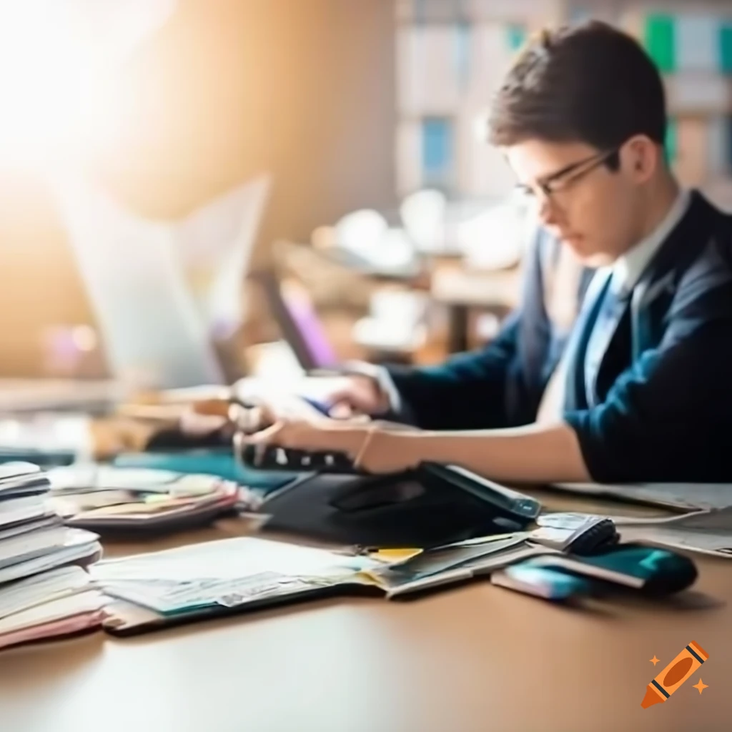 Tired intern stacking paperwork in an office setting on Craiyon