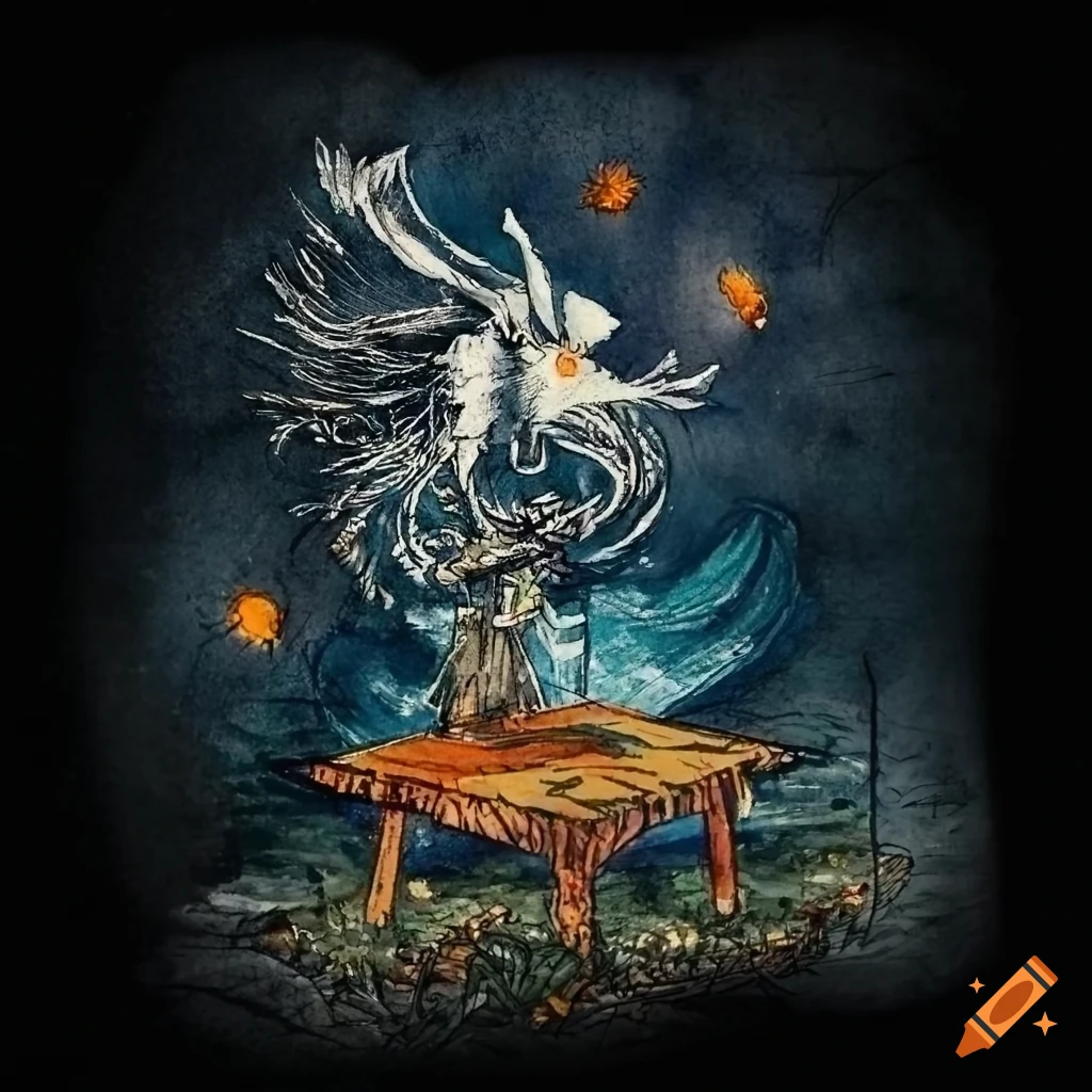 Intriguing Ukiyo-e ink sketch of a scarecrow and fusion god in a ...