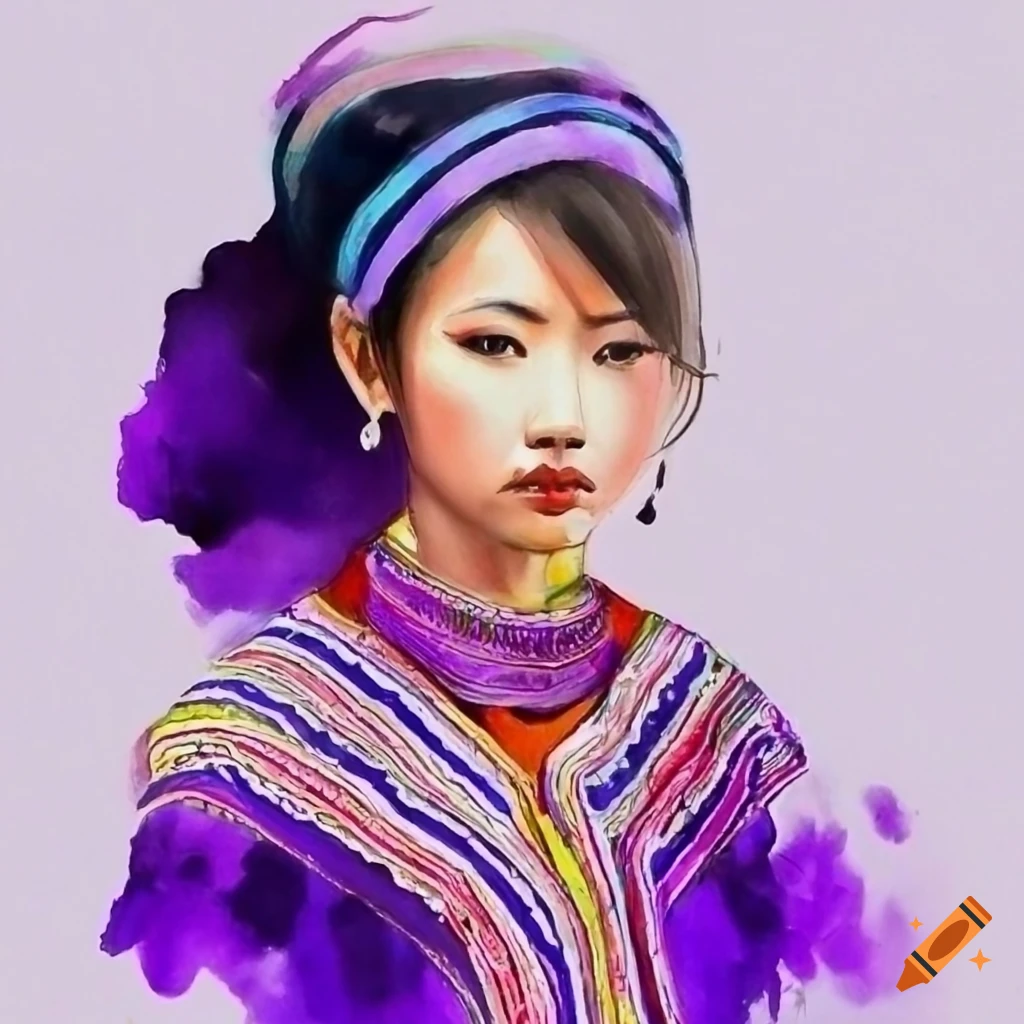 Handmade drawing of a Hmong Chinese outfit and silver necklace in ...