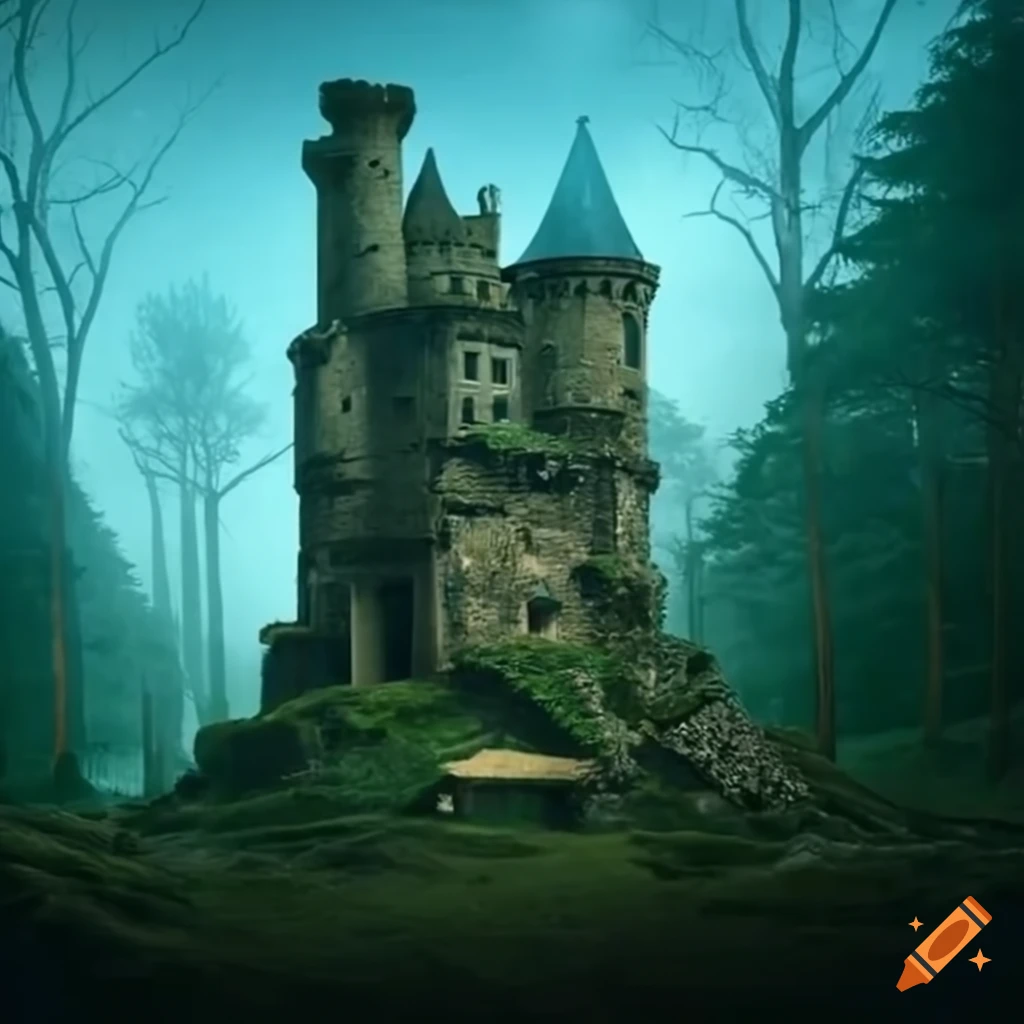 Crumbling castle surrounded by growing forest in a fantasy setting on ...